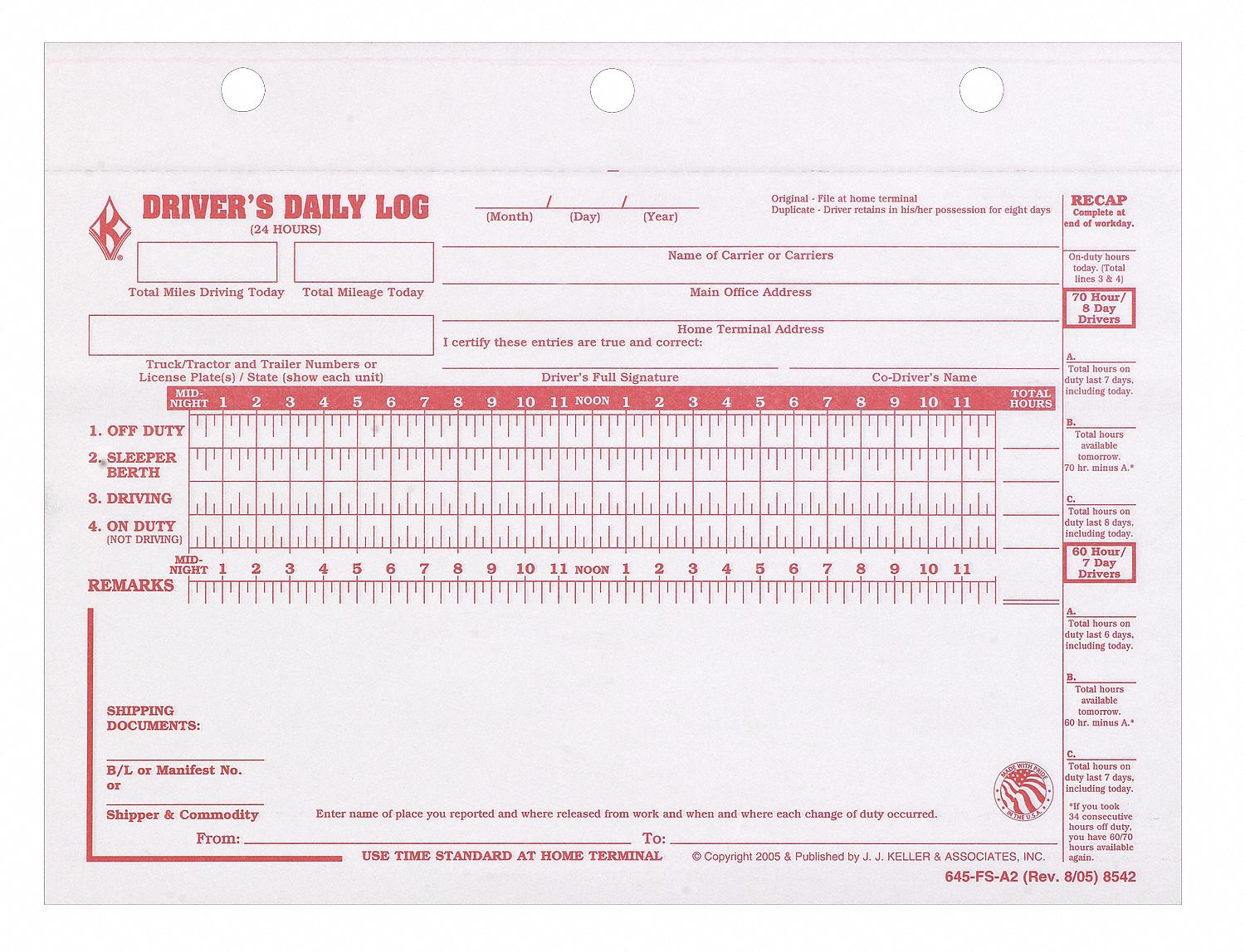 JJ KELLER Carbonless Drivers Logbook 7 8 Day Number Of Plies 2 