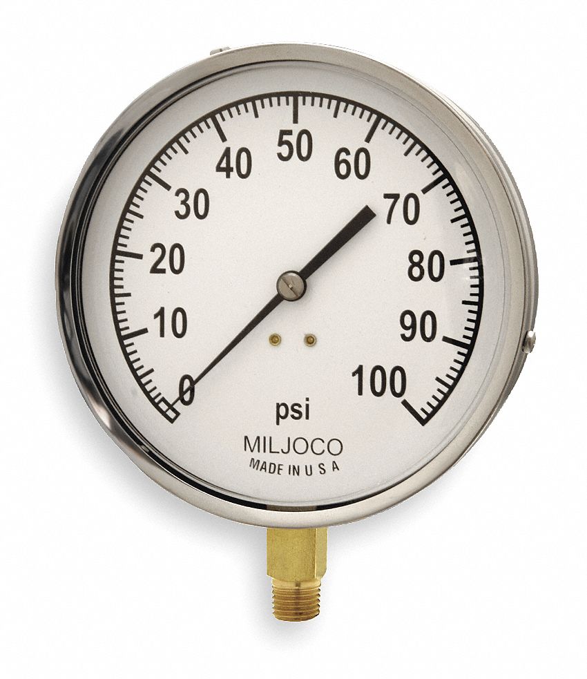 MILJOCO Pressure Gauge, 0 to 100 psi Range, 1/4 in MNPT, ±1.00% Gauge Accuracy - 4FFN2|P4598L05 ...