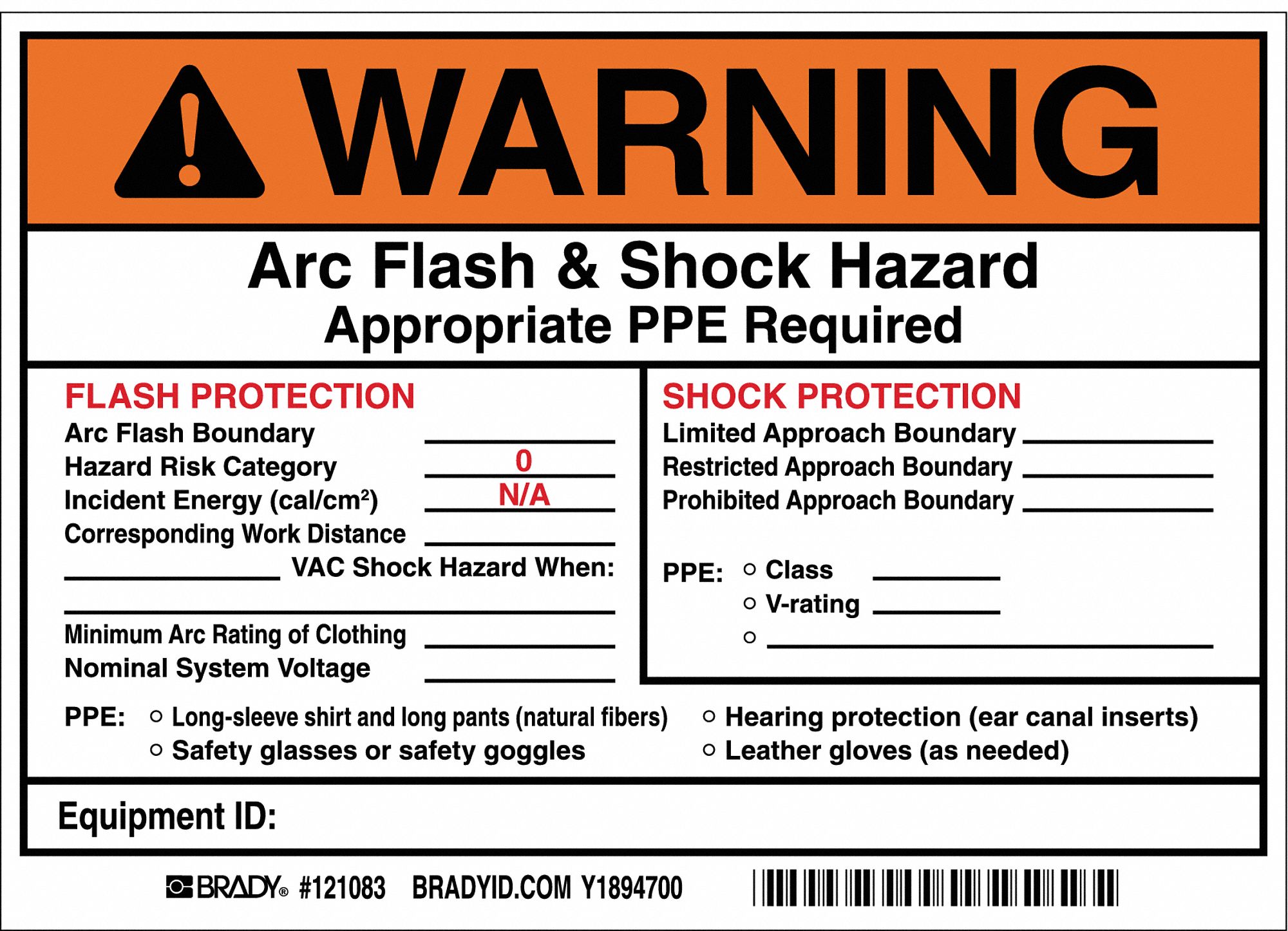 BRADY Arc Flash Protection Label Sign Format ANSI OSHA Format 5RB67 