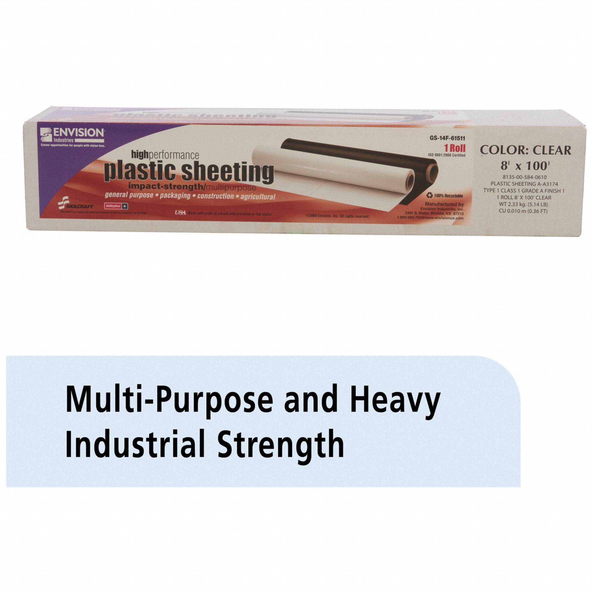 ABILITY ONE Plastic Sheeting Roll: Std Duty, 4 mil Thick, 8 ft Wd, 100 ...