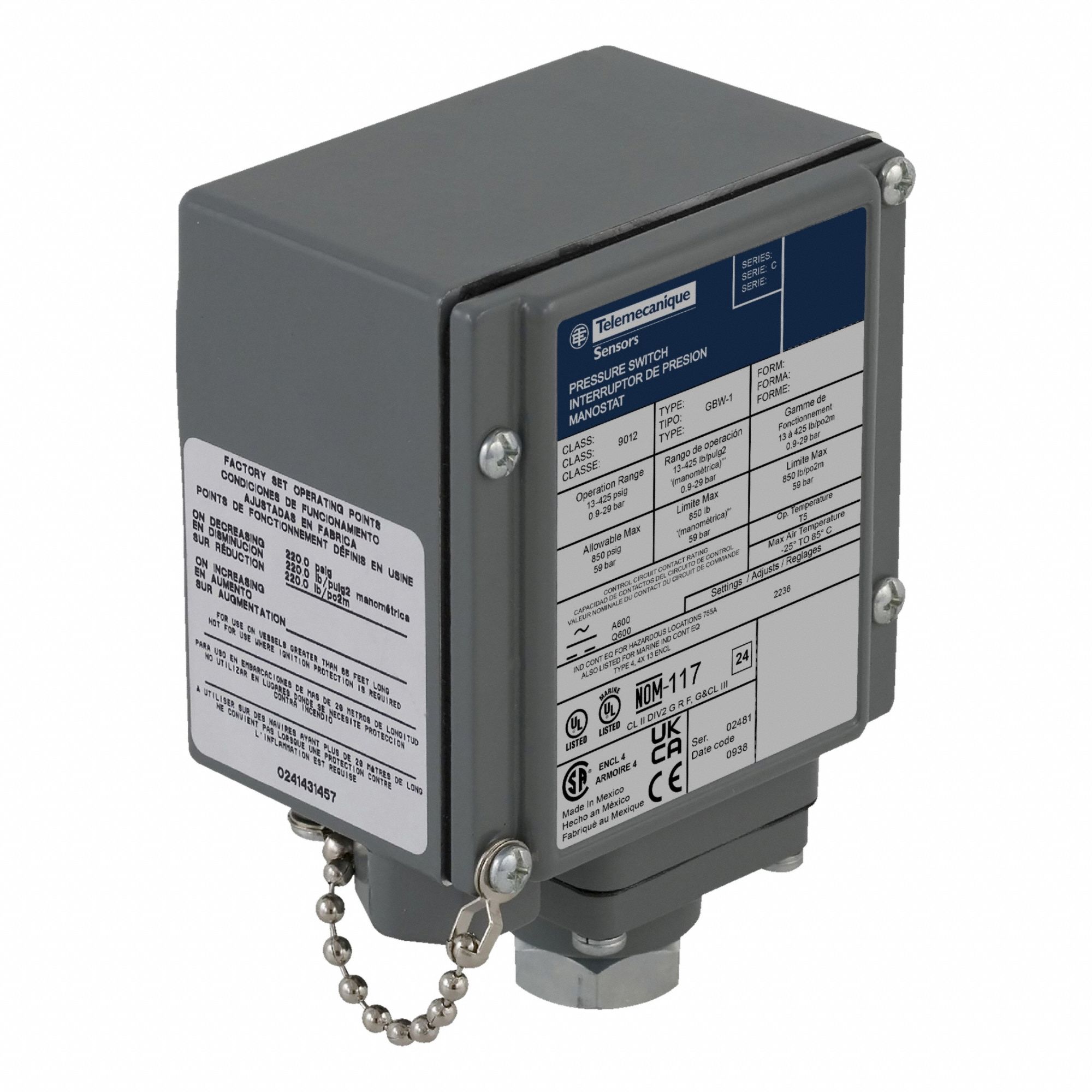 TELEMECANIQUE SENSORS, 13 psi – 425 psi, 9012G Series, Pressure Switch ...