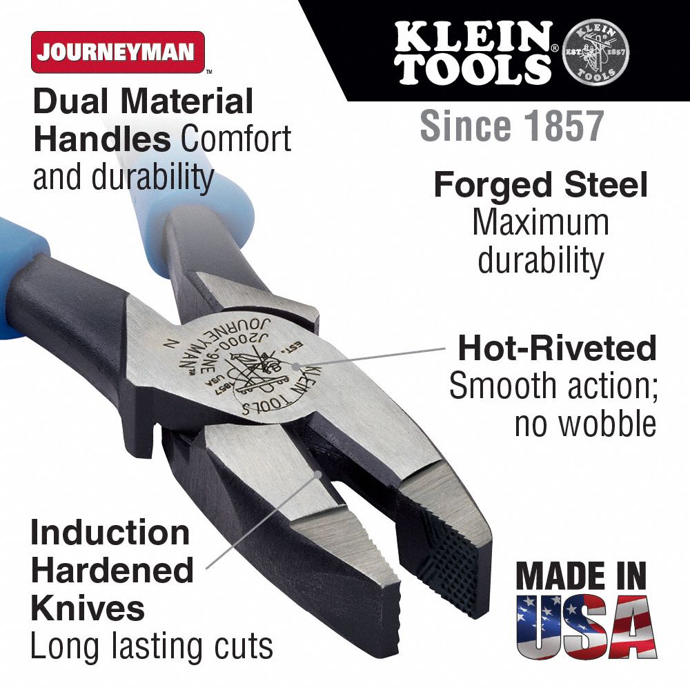 KLEIN TOOLS Linemans Plier: Flat, 8 7/8 in Overall Lg, 1 1/2 in Jaw Lg ...