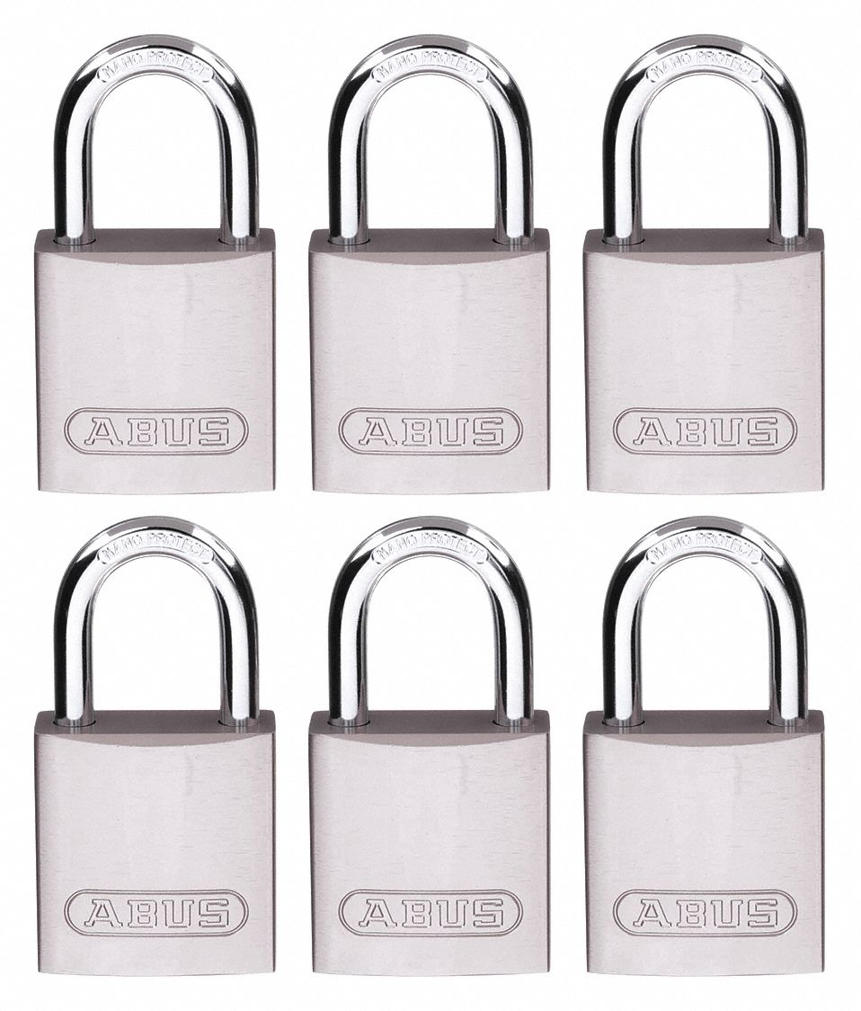 ABUS LOCKOUT PADLOCK, KEYED ALIKE, ALUMINUM, STANDARD BODY, HARDENED STEEL, SILVER, OSHA, 6 PK ...