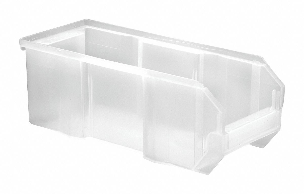 Hang and Stack Bin, Clear, 13 1/2 in Outside Length, 5 1/2 in Outside ...