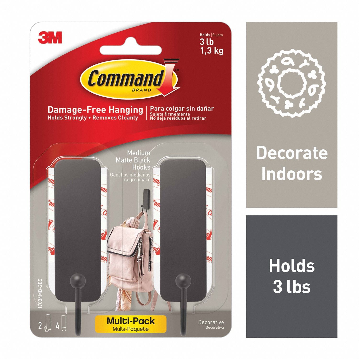 COMMAND, 3 lb Wt Capacity, 1 Points per Hook, Hook - 808JF3|17034MB-2ES ...