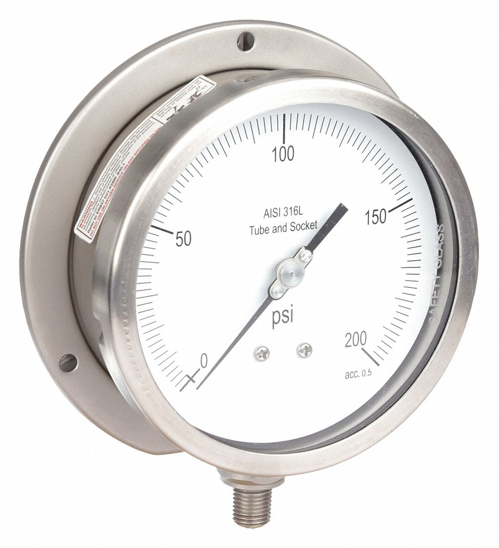 Back Flange, 0 psi to 200 psi, Panel-Mount Pressure Gauge - 11A530 ...