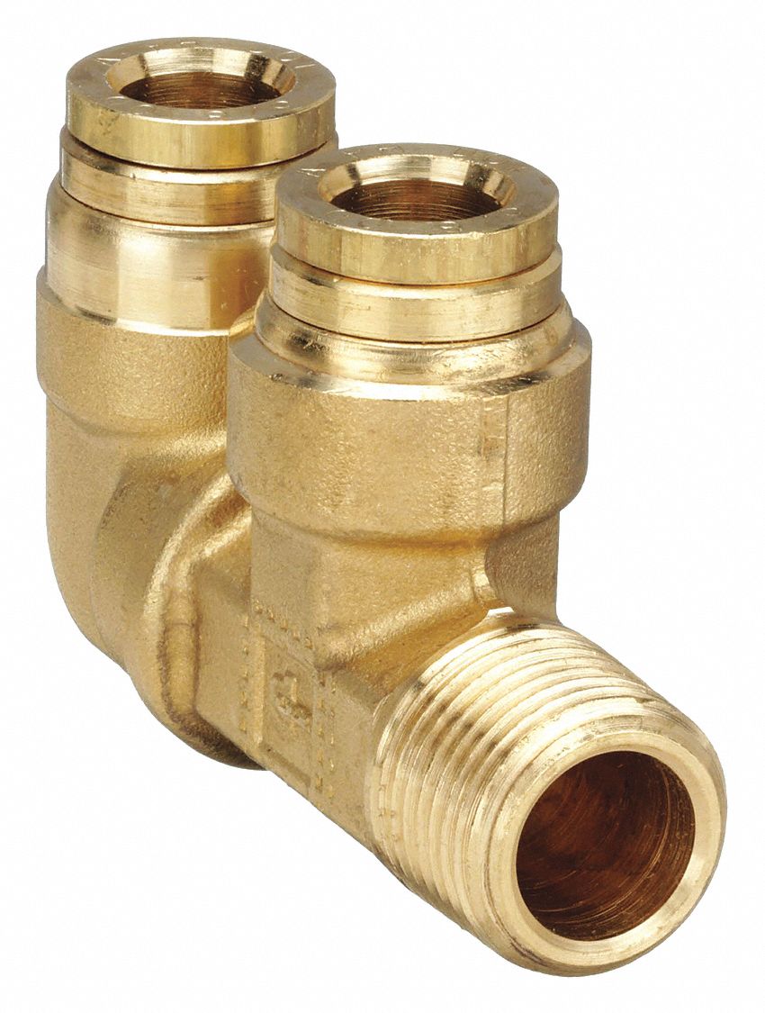 PARKER DUAL PORT MALE ELBOW: BRASS, PUSH-TO-CONNECT X MNPT, FOR ⅜ IN TUBE OD, ⅜ IN PIPE SIZE ...