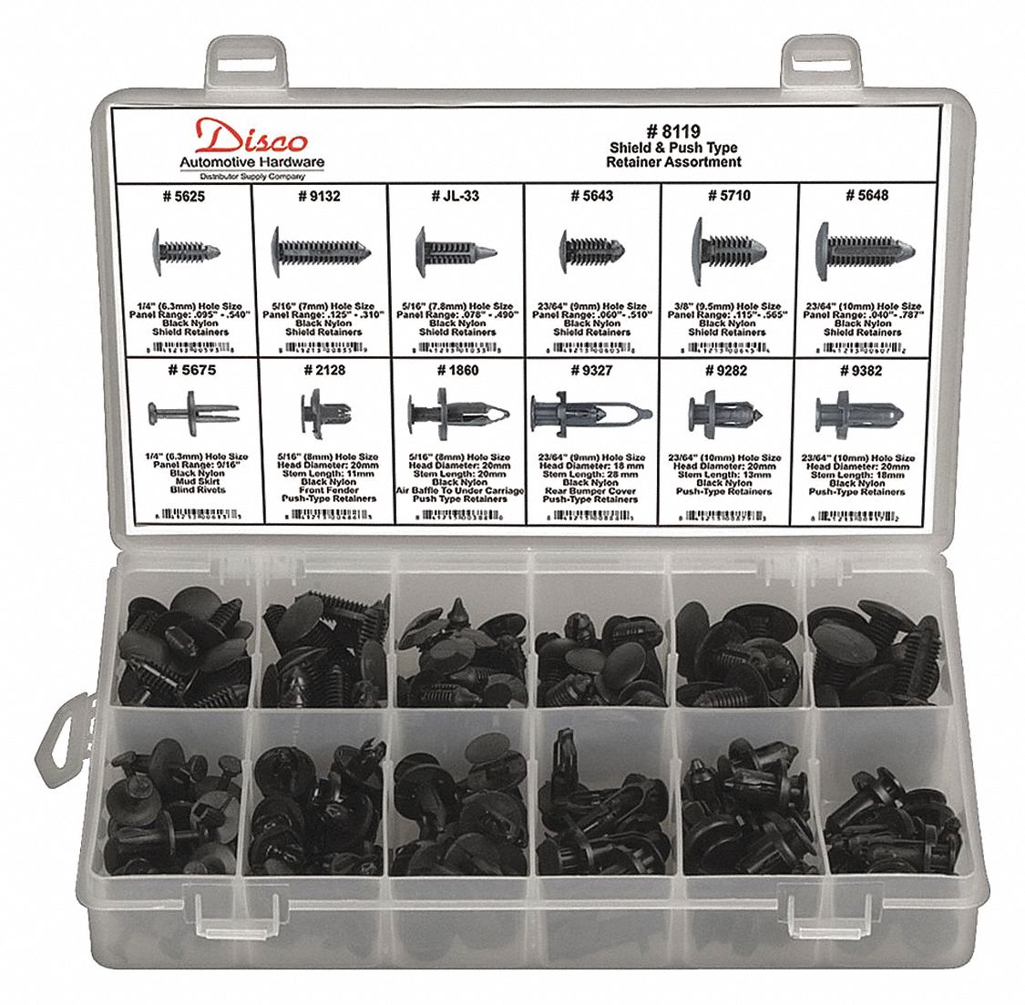 192 Pieces, Shield / Push Type Retainer Assortmnet - 12T290|8119 - Grainger