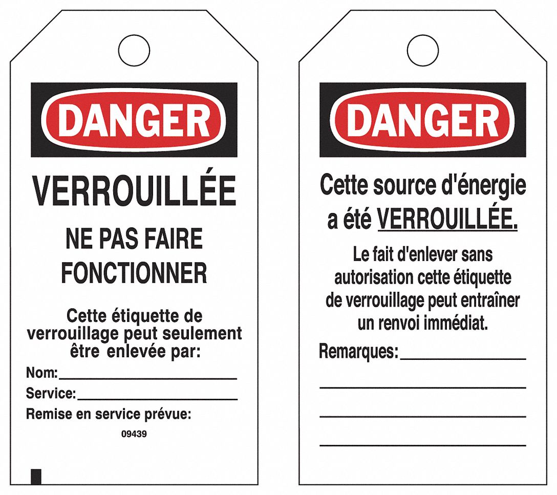BRADY LOCKOUT TAG, FRENCH, DANGER, HDR, 25 PK - 29518 - BDY09439 ...
