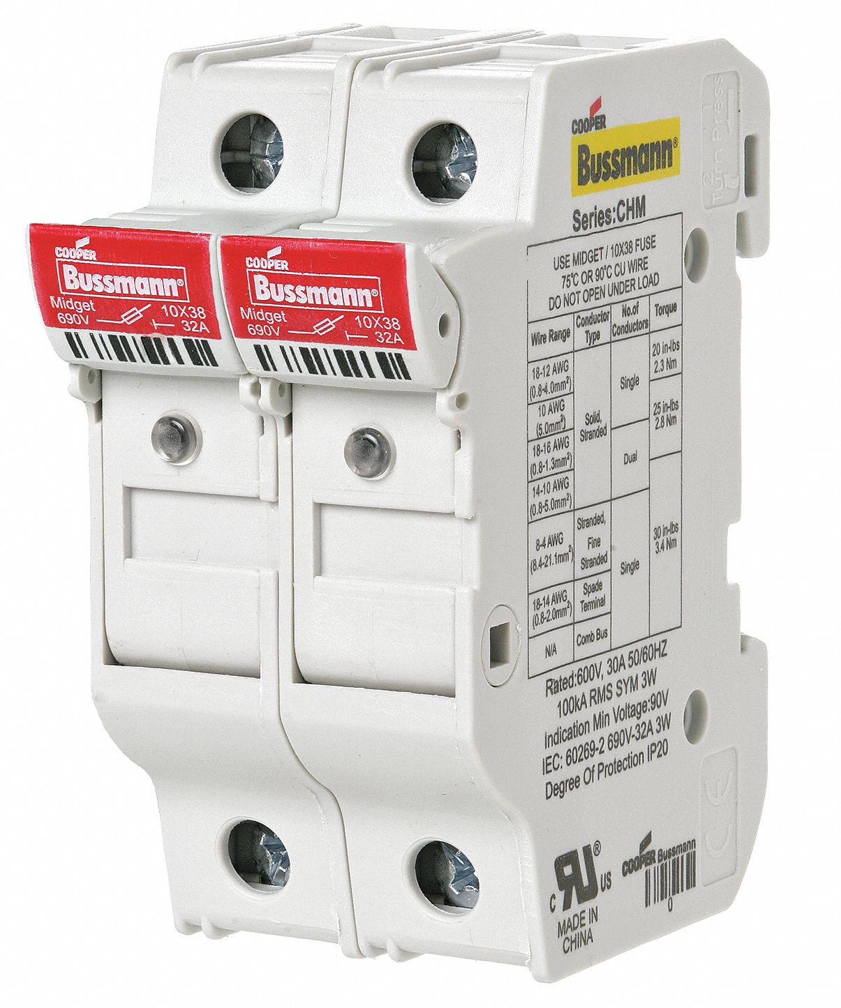 Bussmann CHM2DIU Eaton Bussmann Finger-Safe Fuse Block: 2 Poles, 0 to ...