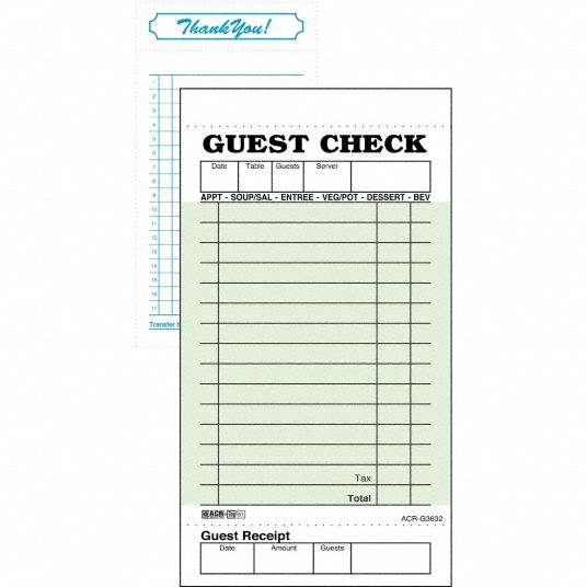 3 3/8 in Wd, 6 3/4 in Lg, Guest Checks & Receipts - 14H111|ACR-G3632 ...