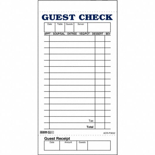 3 3/8 in Wd, 6 3/4 in Lg, Guest Checks & Receipts - 14H113|ACR-P3632 ...