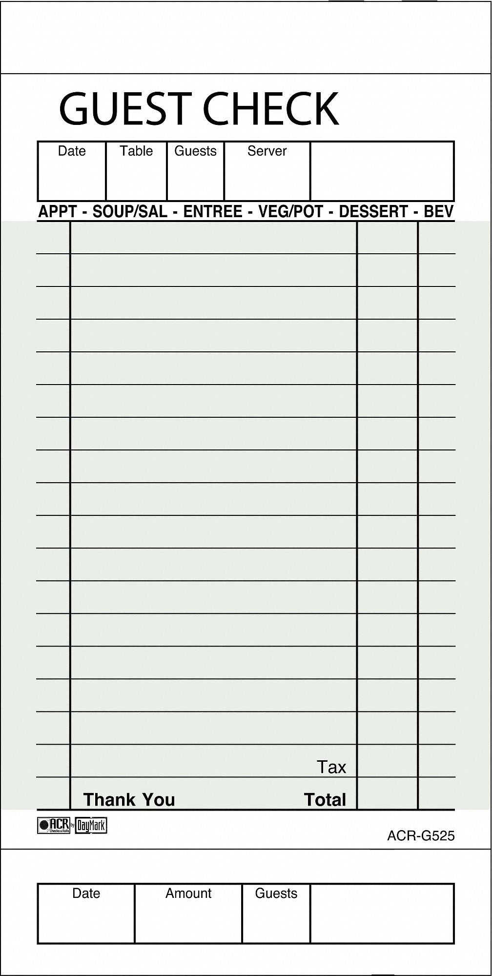 3 3/8 in Wd, 6 3/4 in Lg, Guest Checks & Receipts - 14H114|ACR-G525 ...