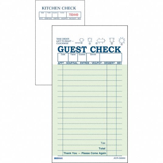 3 3/8 in Wd, 6 3/4 in Lg, Guest Checks & Receipts - 14H121|ACR-G6000 ...
