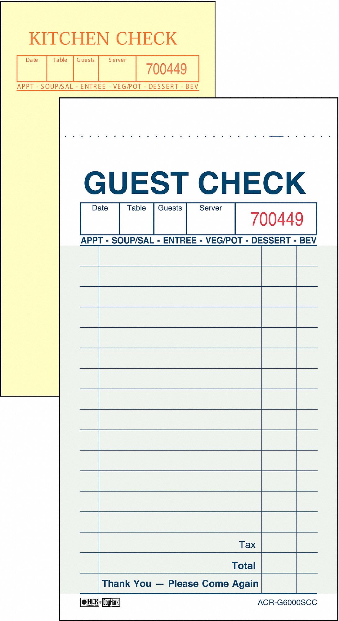 3 3/8 in Wd, 6 3/4 in Lg, Guest Checks & Receipts - 14H123|ACR-G6000SCC ...
