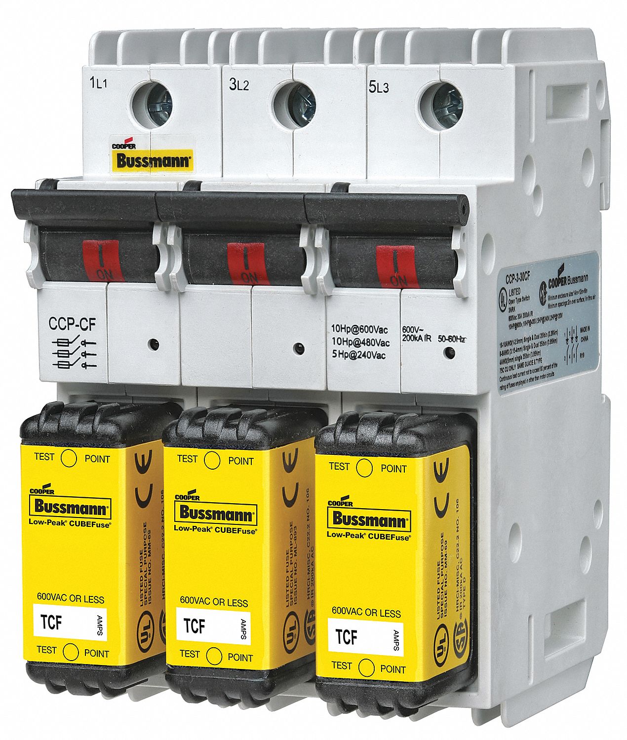 BUSSMANN Finger-Safe Fuse Block with Disconnect Switch: 3 Poles, 61 to 100 A, 600V AC, Box Lug ...