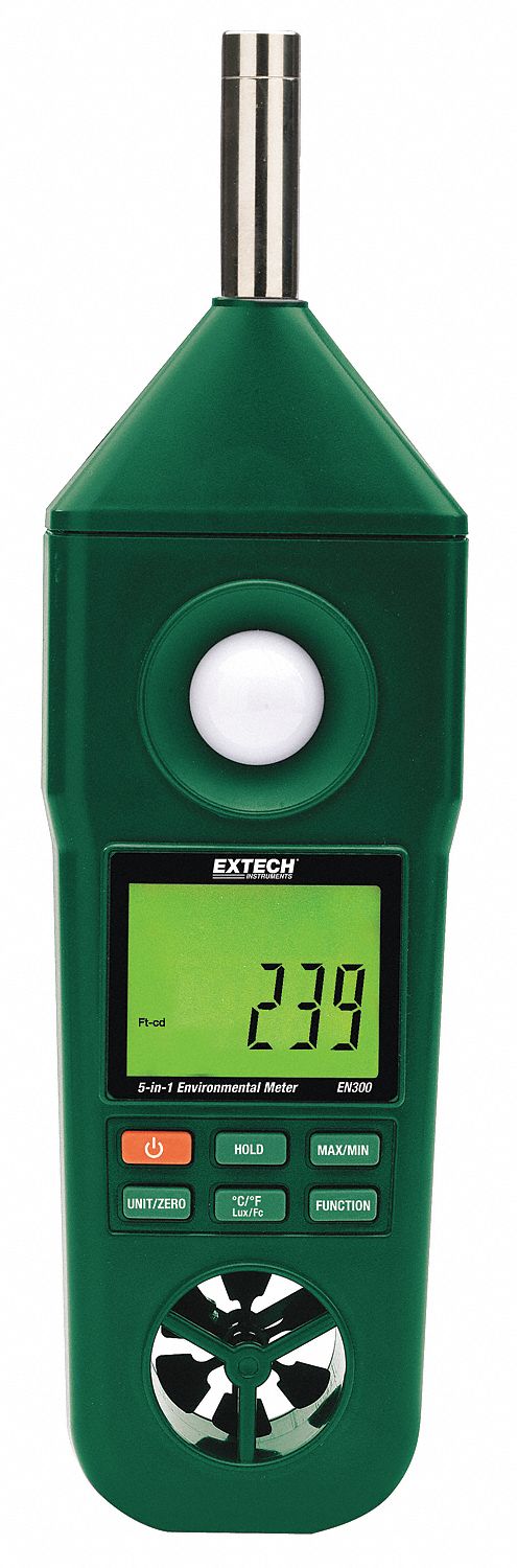 EXTECH Temperature Humidity Meter: 0 to 1,860 fc, 35 to 130 dB, 0° to ...