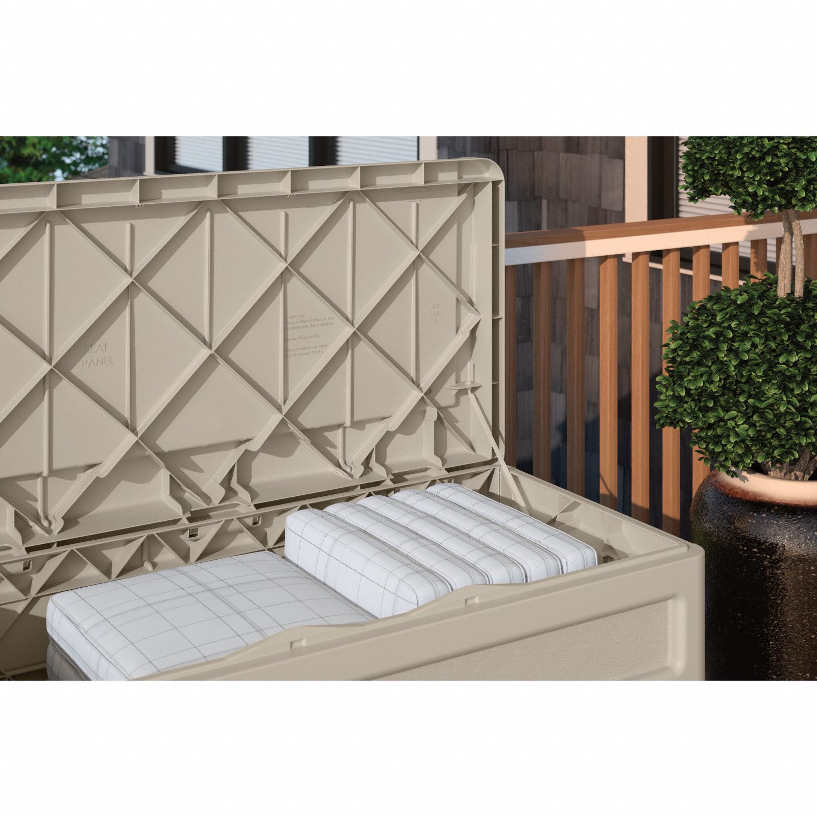 SUNCAST Deck Box: 73 gal, 46 in x 46 in x 25 1/2 in, Taupe ...