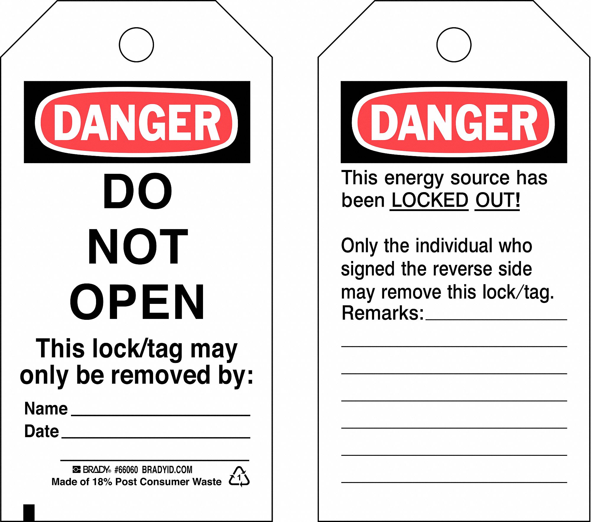 BRADY, Danger, Do Not Remove Tag, Danger Tag - 15Y649|65448 - Grainger