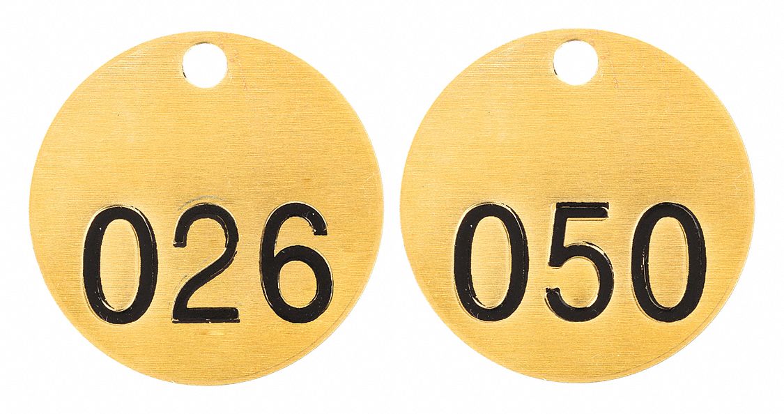 Brass, 1 1/2 in Dia, Numbered Tags - 15Y757|23201 - Grainger