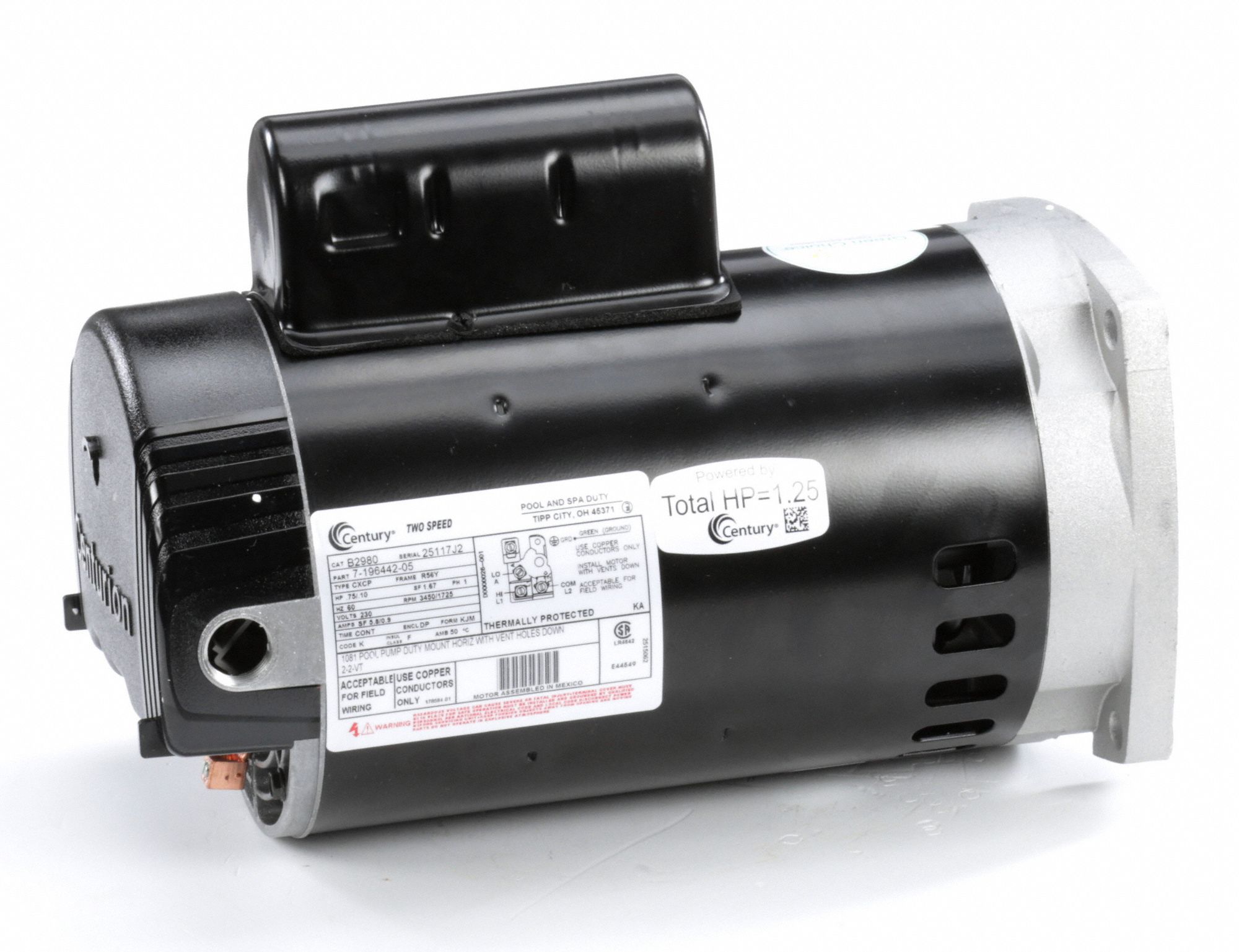 CENTURY Square Flange Pool Pump Motor: Face Mounting, 3/4, 1/10 HP, 1. ...
