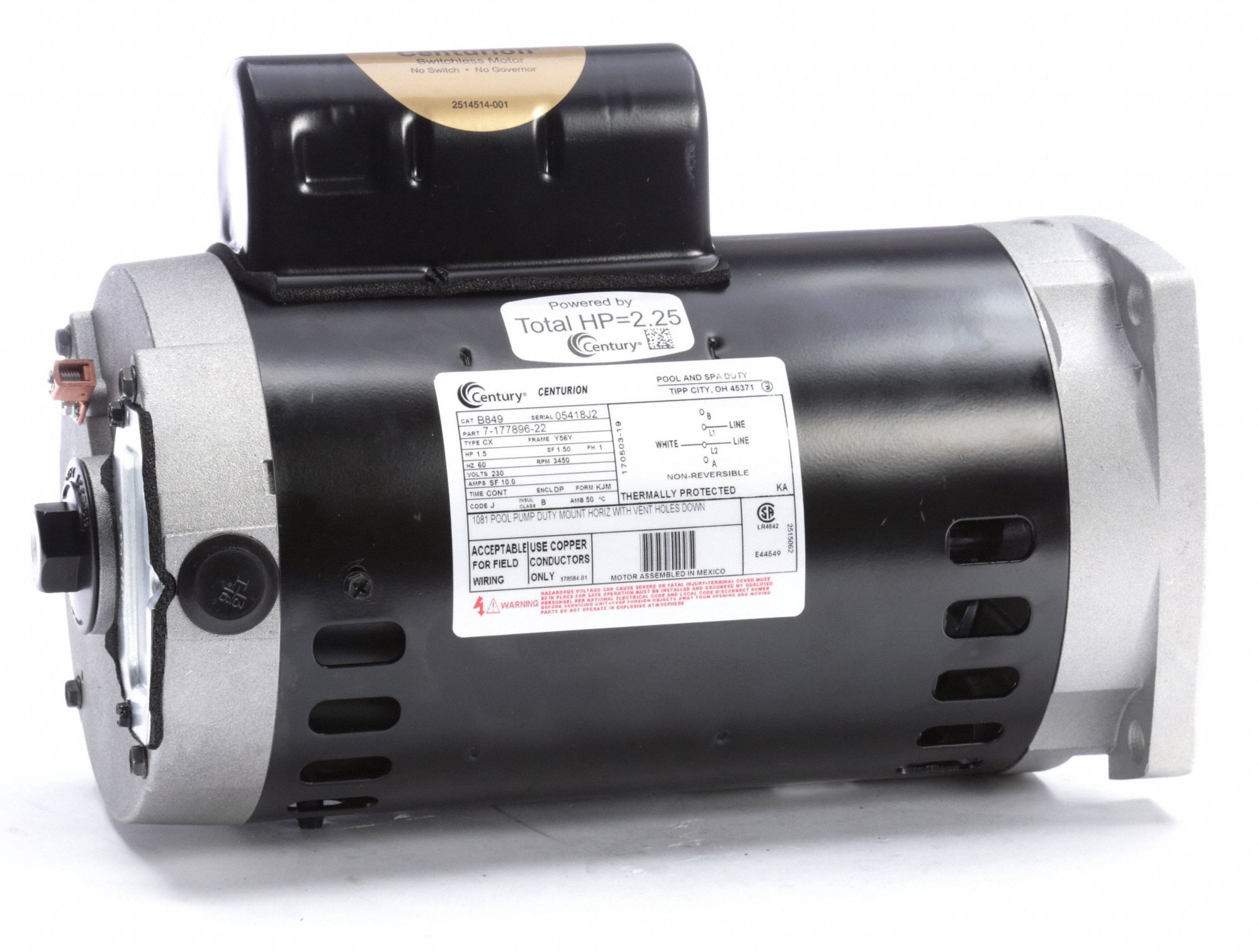 CENTURY Pool and Spa Pump Motor: Face Mounting, 1 1/2 HP, 1.5 Motor ...
