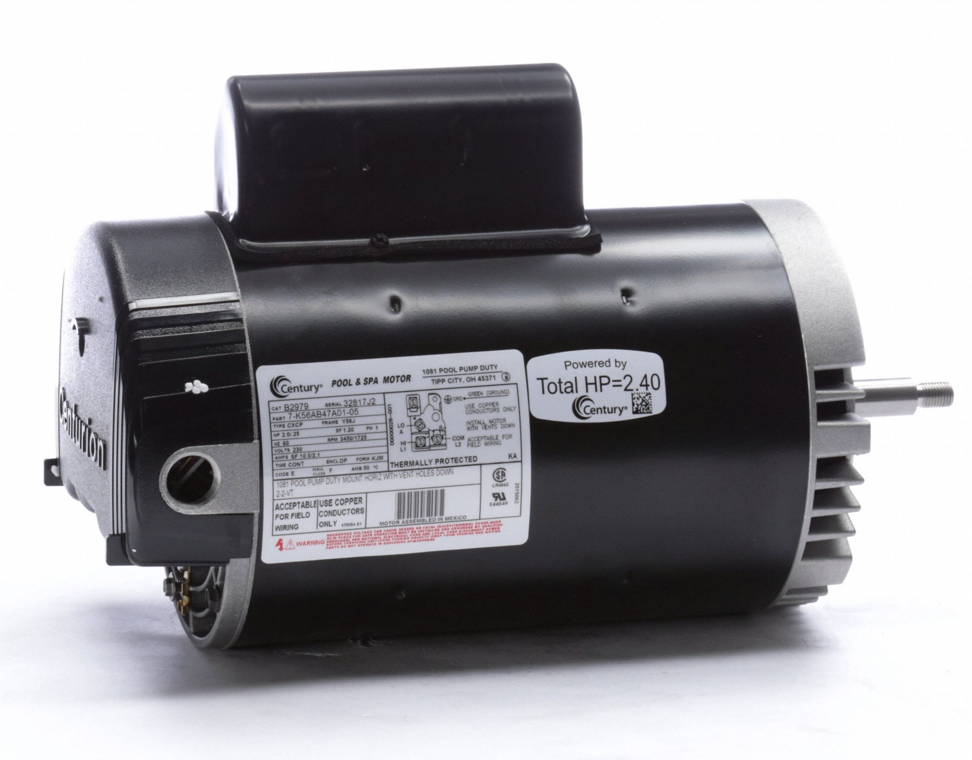 CENTURY Pool and Spa Pump Motor: Face Mounting, 2, 1/4 HP, 1.2 Motor ...