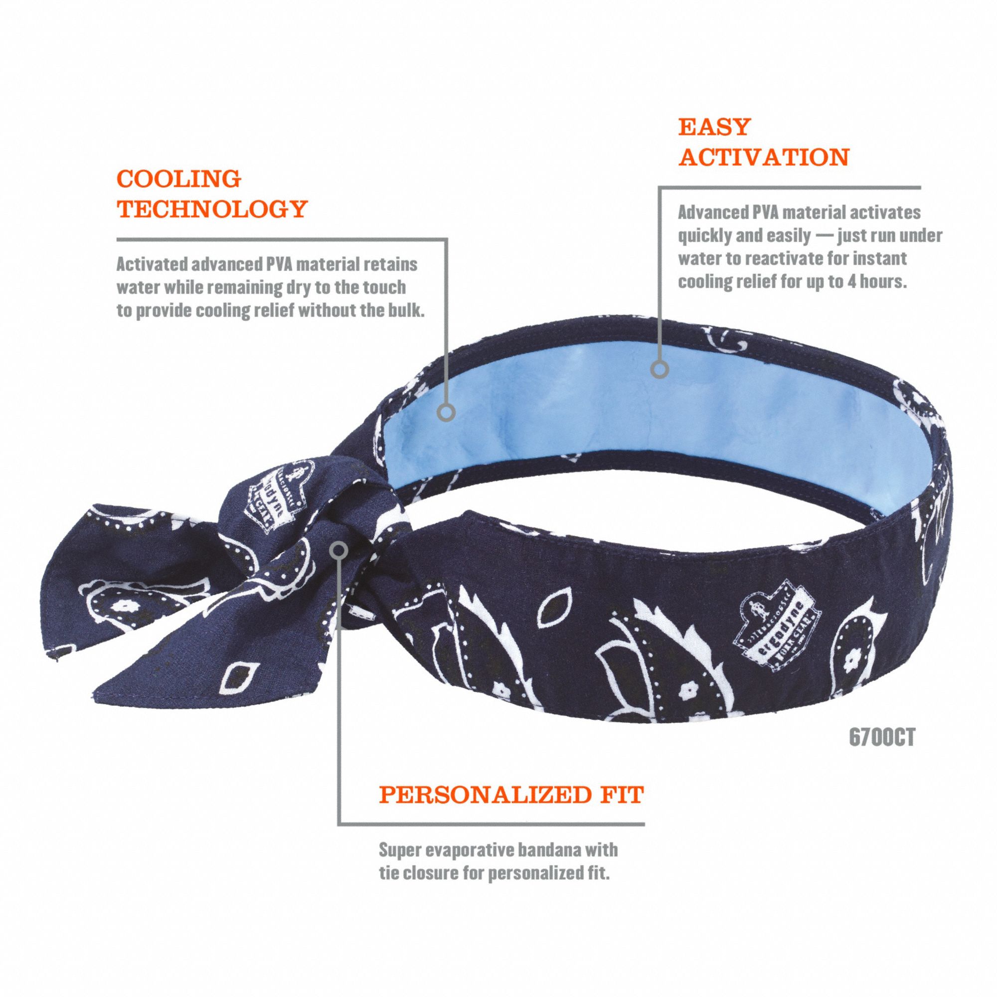 CHILL-ITS BY ERGODYNE Evaporative Cooling Bandana, PVA and Cotton, Navy ...