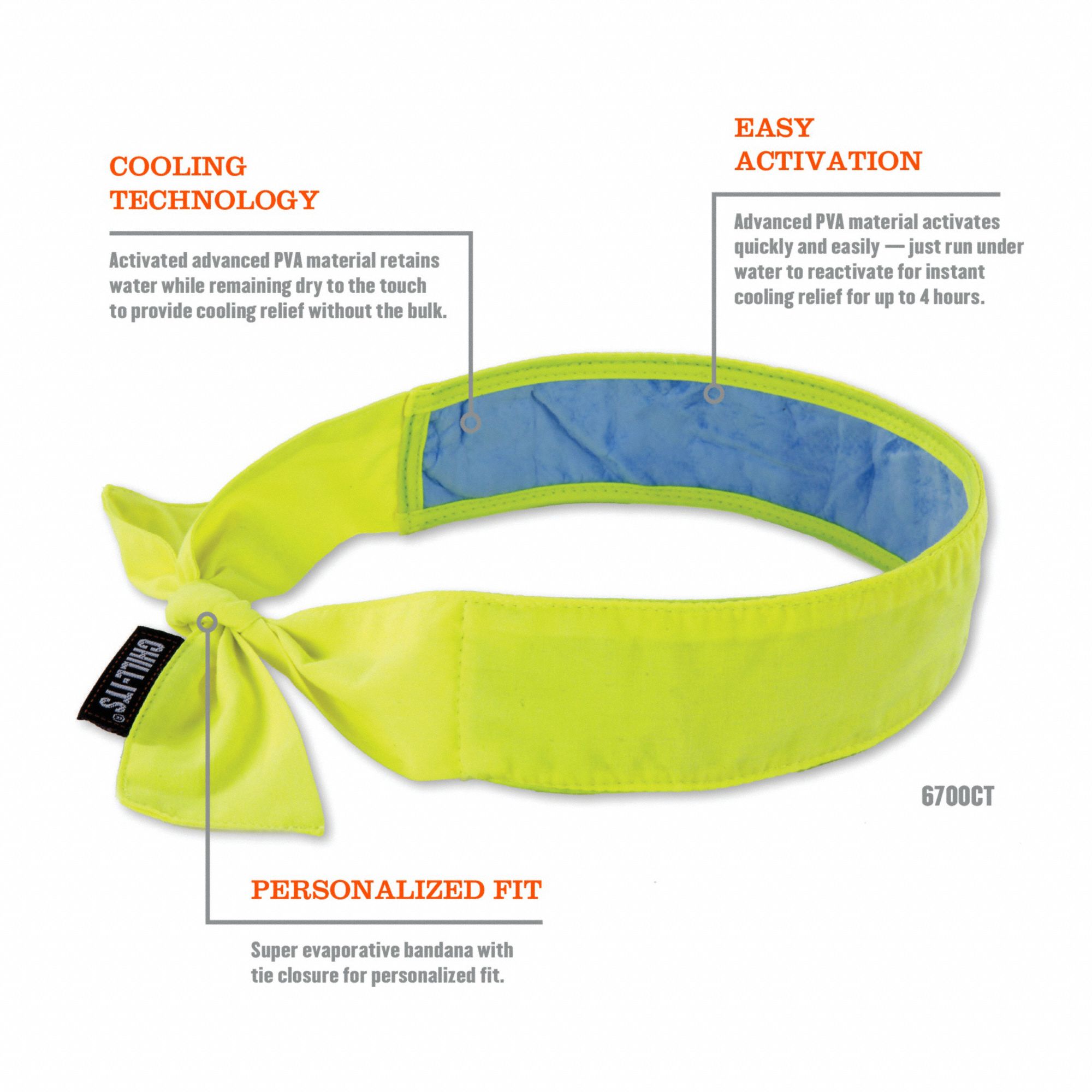 CHILL-ITS BY ERGODYNE Evaporative Cooling Bandana, PVA and Cotton, Lime ...