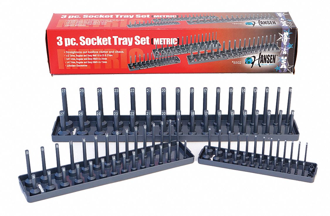 HANSEN, Socket Tray Set,Metric,Grey,3 pcs. - 182F45|9302 - Grainger