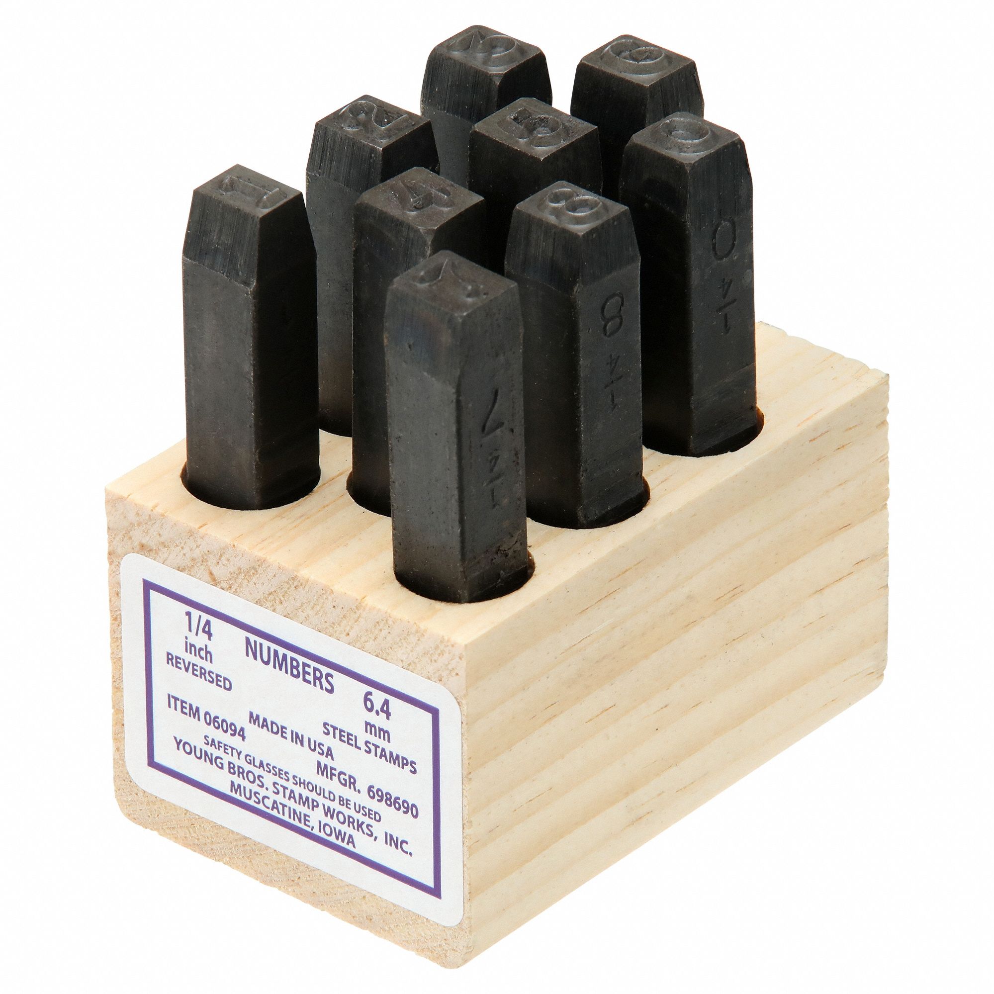 YOUNG BROS. STAMP WORKS, 0 thru 9 (6 doubles as 9), 1/4 in Character Ht ...