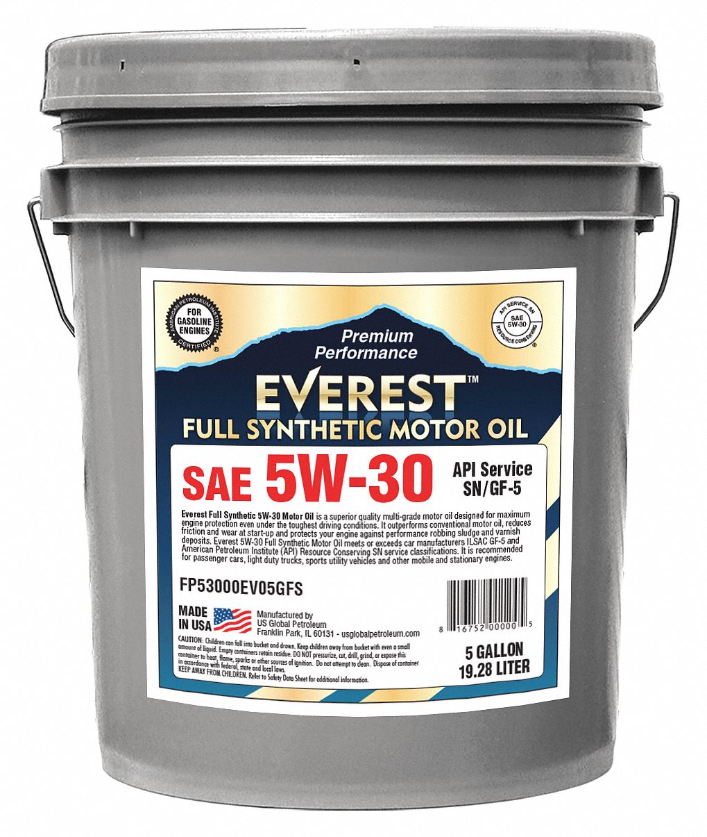 EVEREST Full Synthetic, Engine Oil, 5 gal., 5W-30, For Use With ...