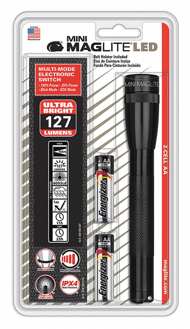 Handheld Flashlight: AA Battery, LED, 6.61 in Lg, 332 lm Max Lumens ...