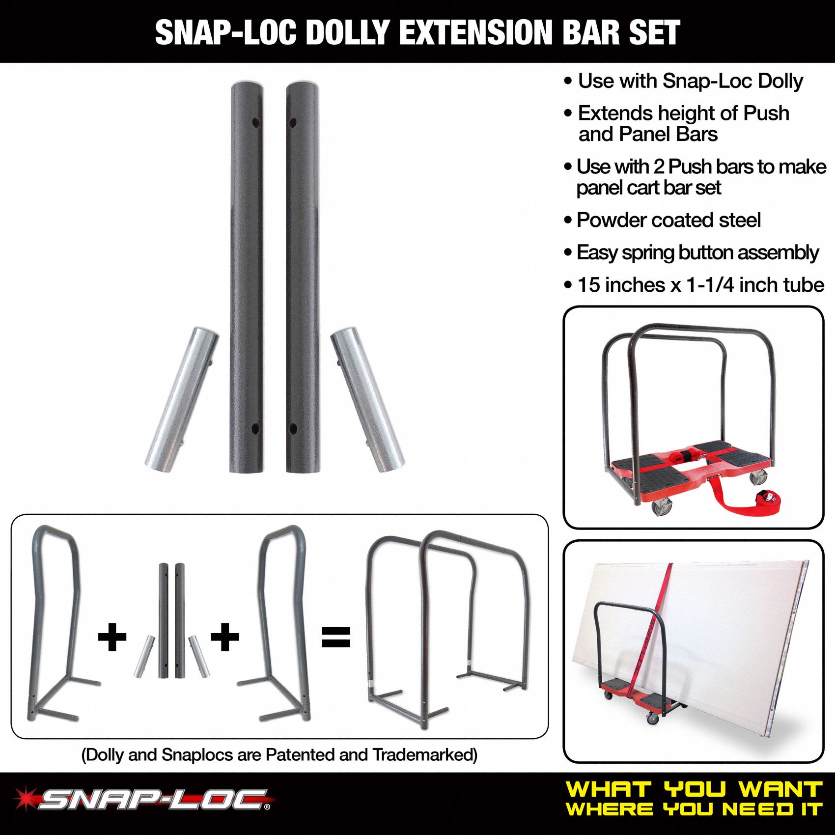 SNAP-LOC Handle Extension Bar Set: 400 lb Load Capacity, 15 in Overall ...