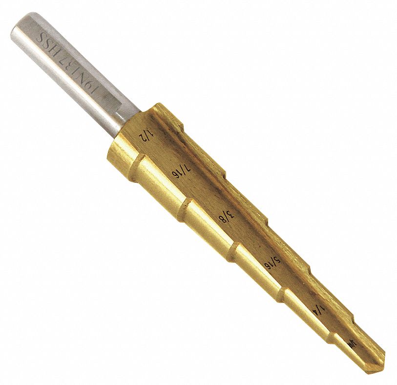 WESTWARD Step Drill Bit, High Speed Steel, TiN, 3/16 in to 1/2 in Size ...
