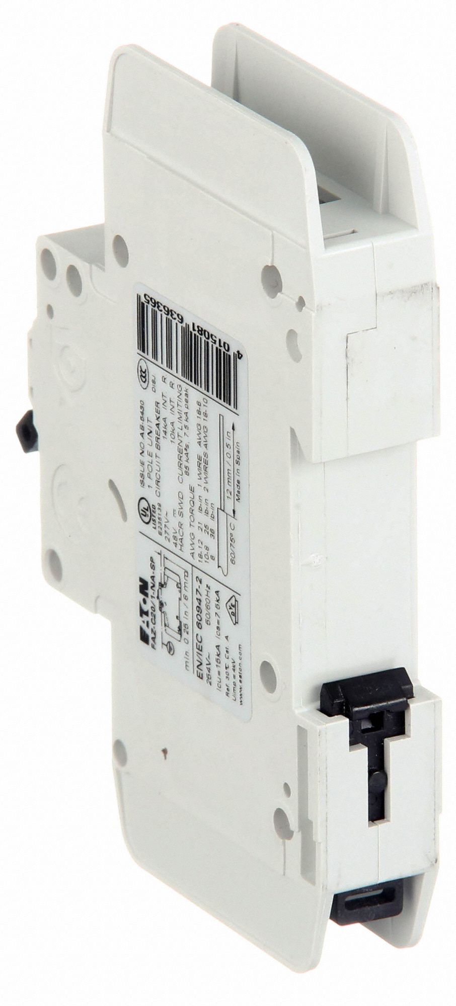 EATON IEC Miniature Circuit Breaker: 20 A Amps, 48V DC, 14kA at 277/480V AC, Screw Clamp, C ...