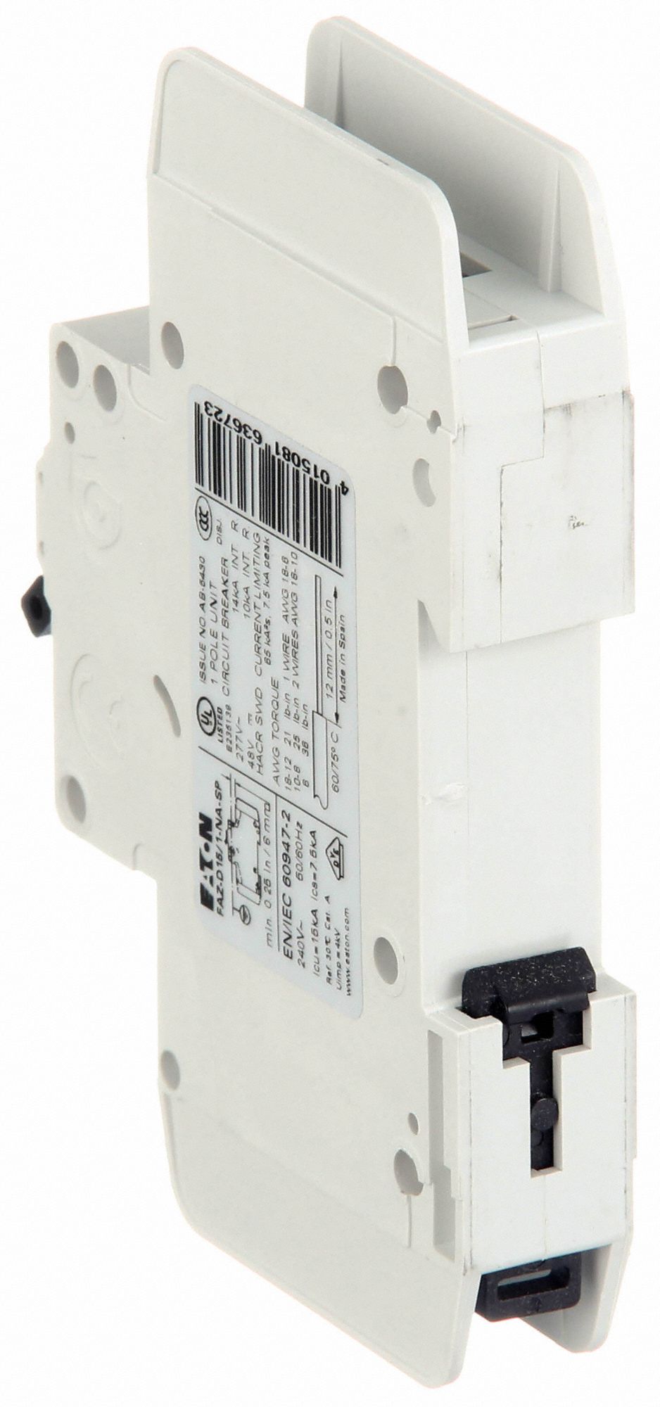 EATON IEC Miniature Circuit Breaker: 15 A Amps, 48V DC, 14kA at 277/480V AC, Screw Clamp ...