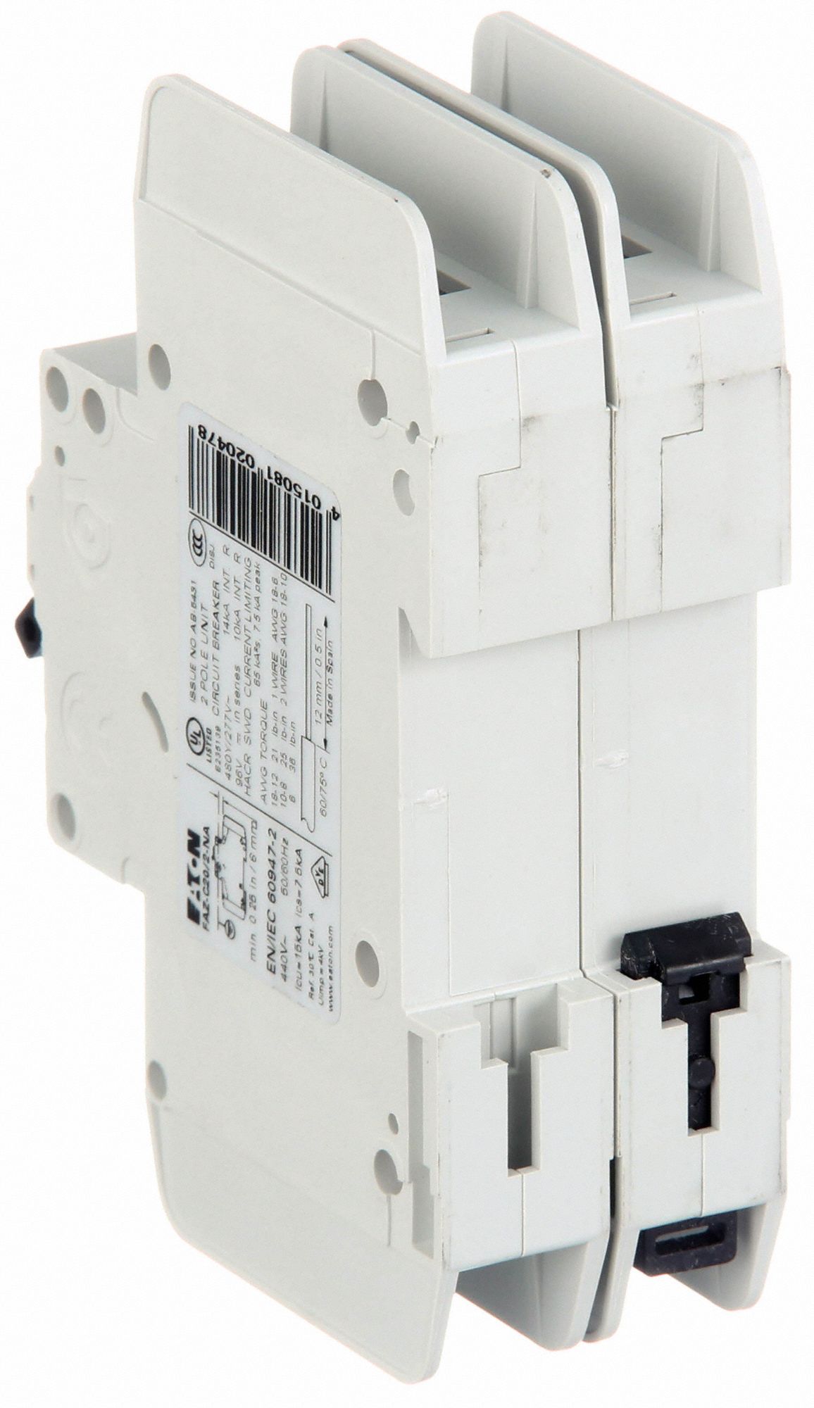 EATON IEC Miniature Circuit Breaker: 20 A Amps, 48/96V DC, 14kA at 277/480V AC, Screw Clamp, C ...