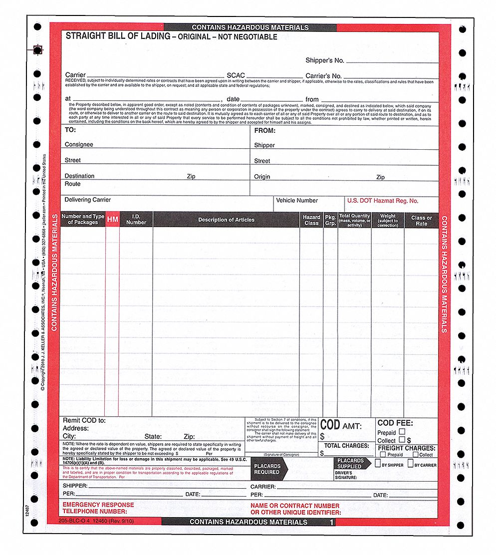 JJ KELLER Hazmat Bill Of Lading Forms 19YK58 12464 Grainger
