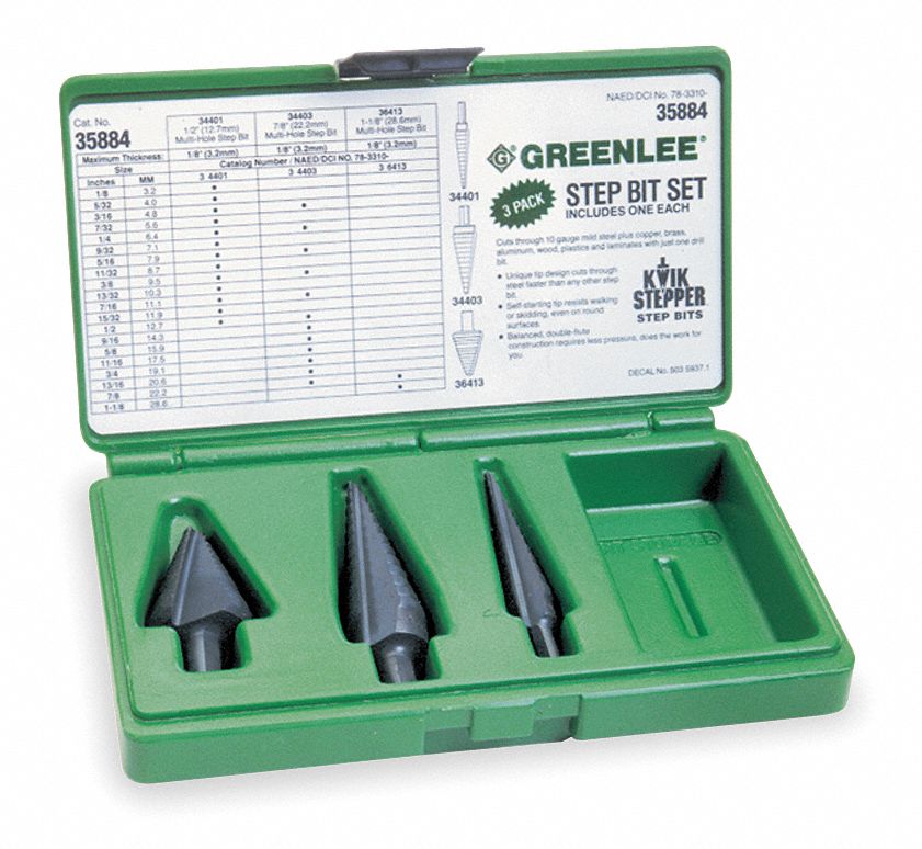 GREENLEE Step Drill Bit Set, 1/8 in to 1 1/8 in Size Range - 1ANZ6 ...