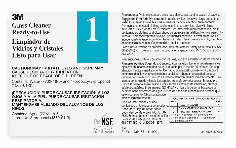 3M Secondary Bottle Label: 11 in Ht, 8 1/2 in Wd, 3M Glass Cleaner 1 ...