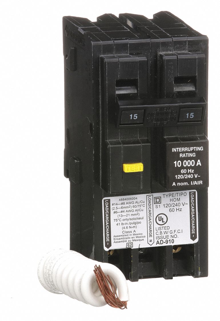 SQUARE D Miniature Circuit Breaker: 15 A, 120/240V AC, Single Phase, 10kA at 120/240V AC, 2 ...