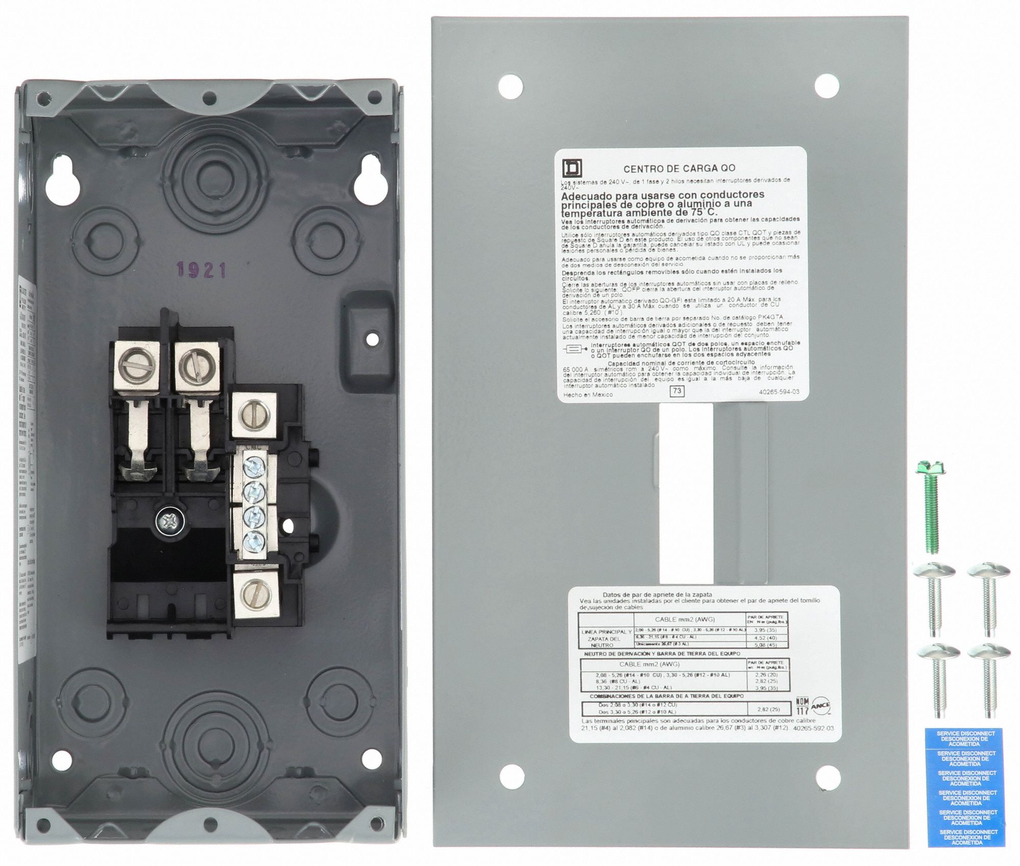 SQUARE D Load Center: 70 A Amps, 120/240V AC, 2 Spaces, 65kA, 2 Max. No ...