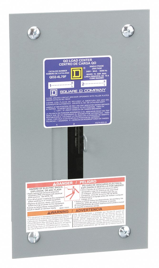 SQUARE D Load Center: 70 A Amps, 120/240V AC, 2 Spaces, 65kA, 2 Max. No ...