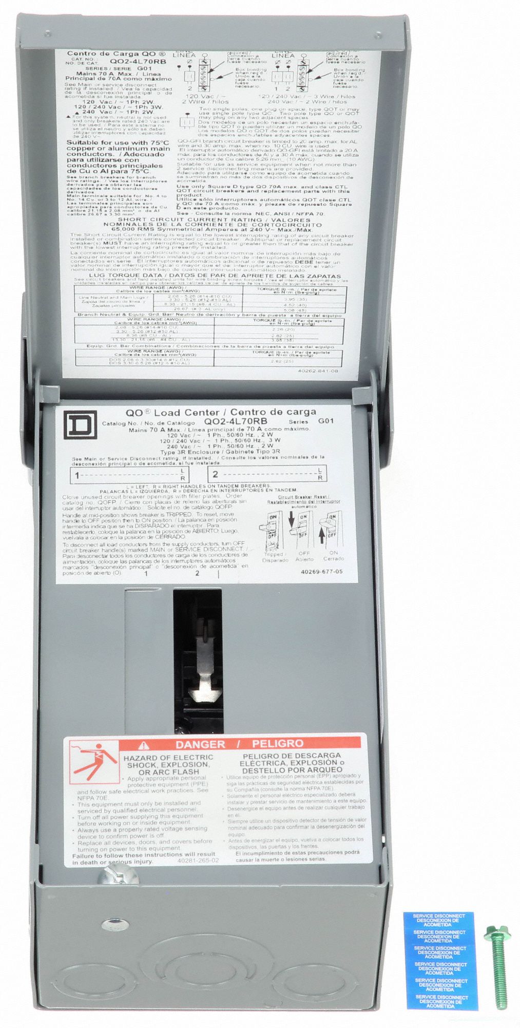 SQUARE D Load Center: 70 A Amps, 120/240V AC, 2 Spaces, 65kA, 2 Max. No ...
