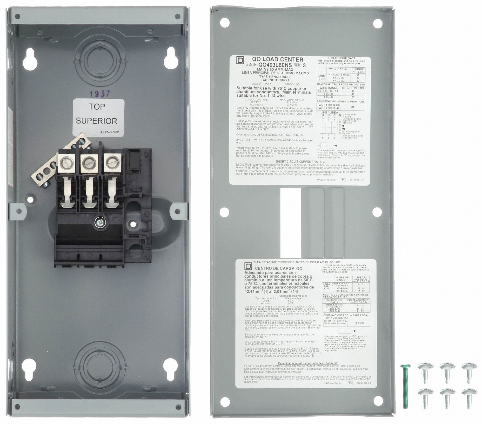 SQUARE D Load Center, Number of Spaces 3, Amps 60 A, Circuit Breaker ...