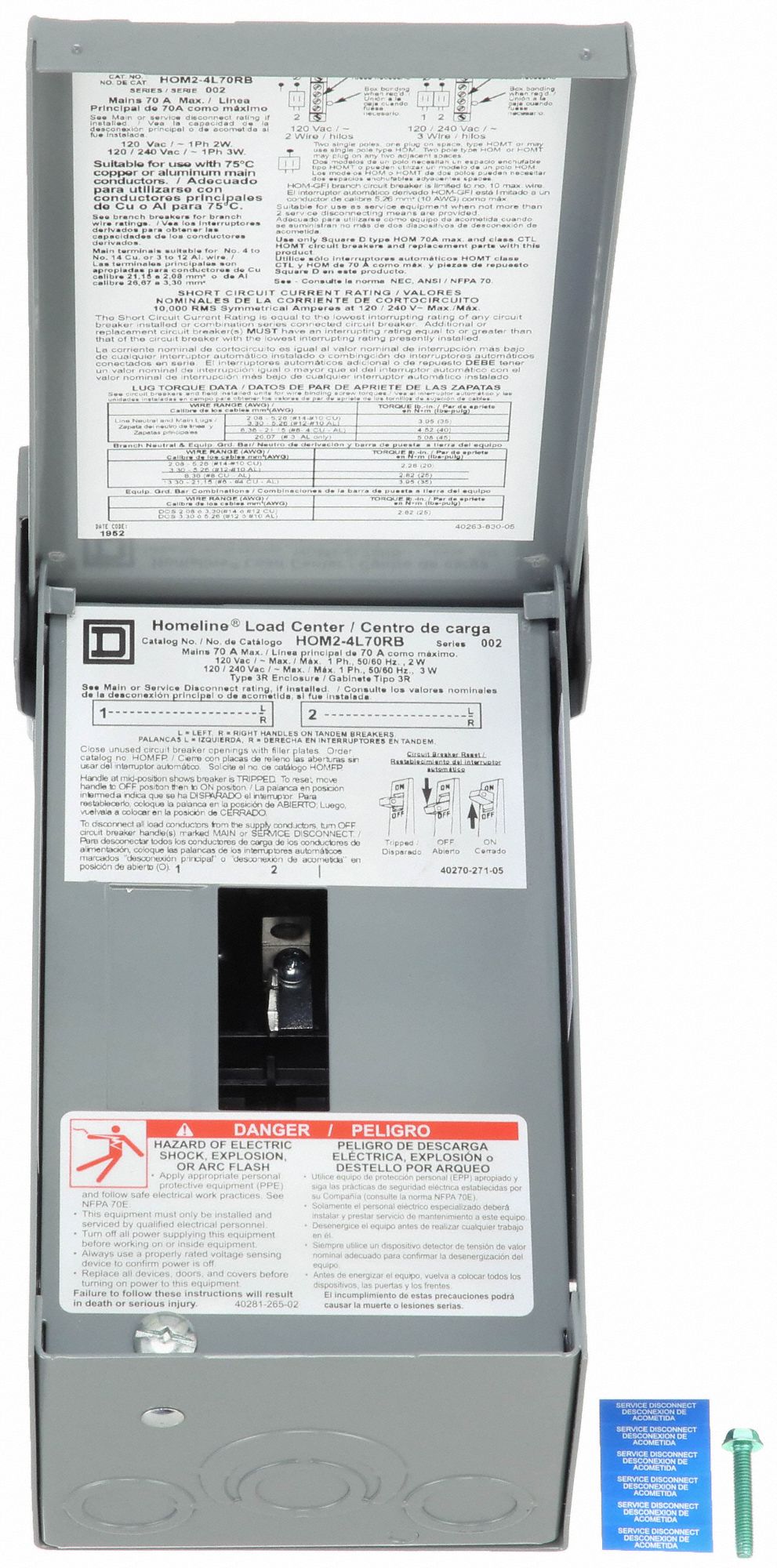 SQUARE D Load Center: 70 A Amps, 120/240V AC, 2 Spaces, 1 Phase, 2 Max ...