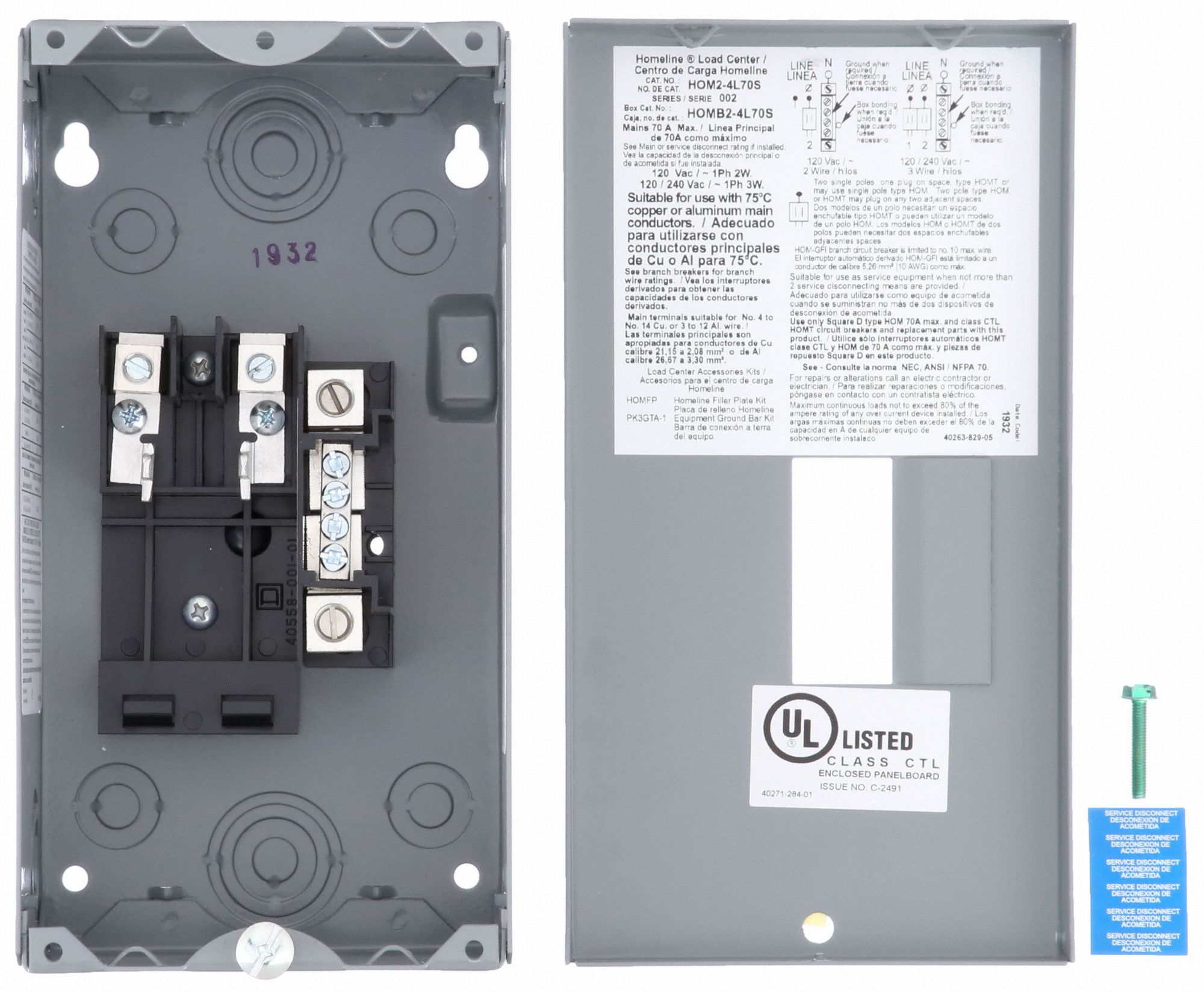 SQUARE D Load Center: 70 A Amps, 120/240V AC, 2 Spaces, 1 Phase, 2 Max ...