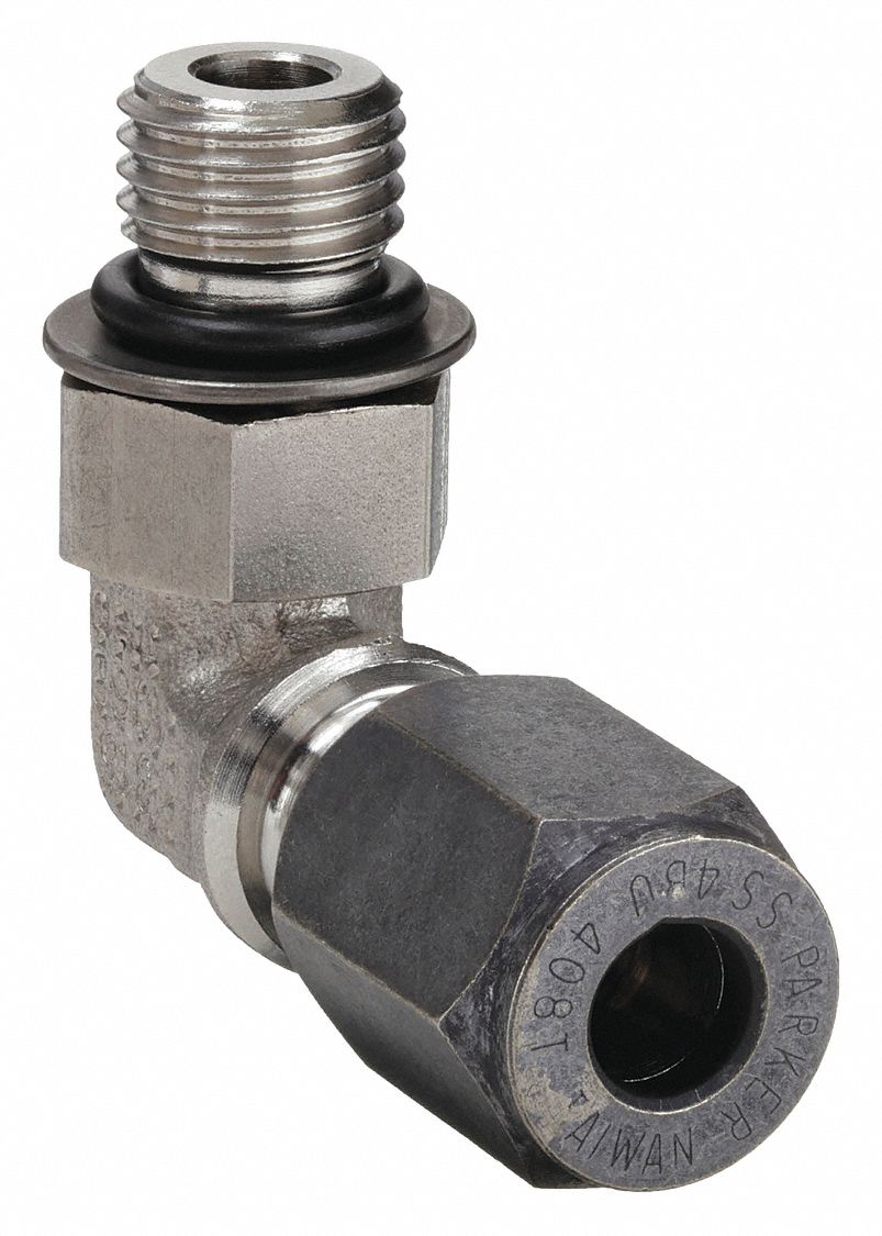 316 Stainless Steel, Male Flareless Bite x Male SAE-ORB, Straight Thread Elbow, 90 Degrees ...