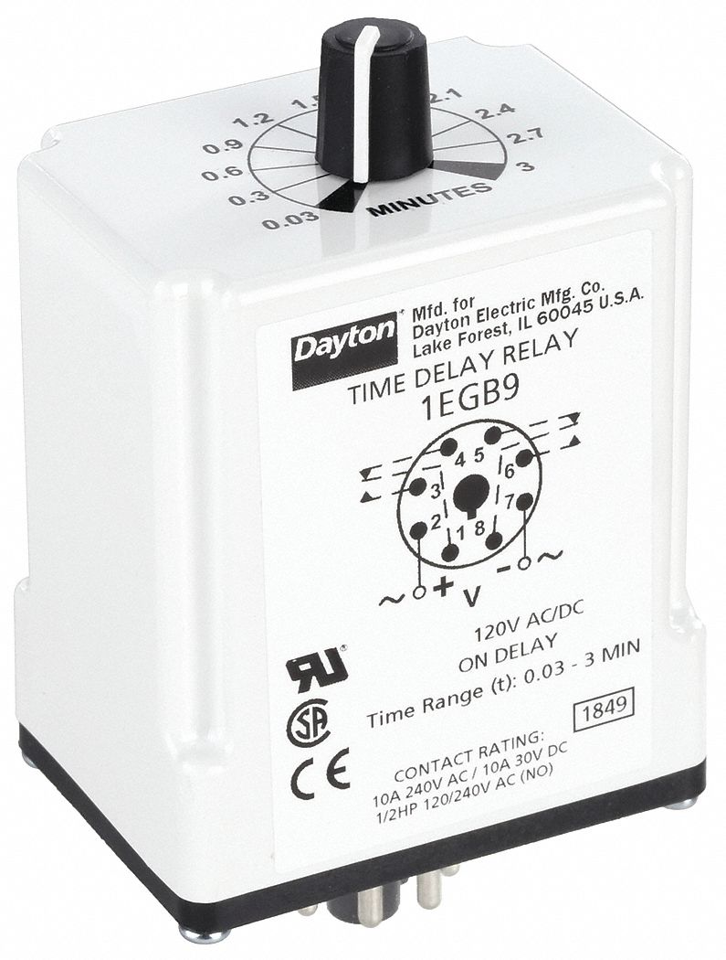DAYTON, Socket Mounted, 120V AC/DC, Single Function Time Delay Relay ...